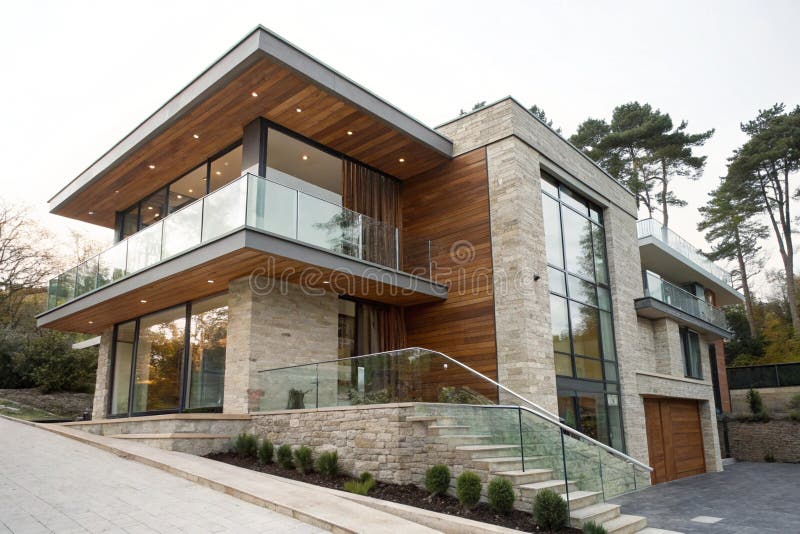 Modern House with Stone, Wood, and Glass Materials Stock Illustration ...