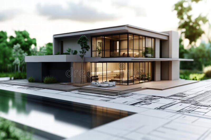 Modern House Design Sits on Blueprint with Lush Green Surroundings and ...