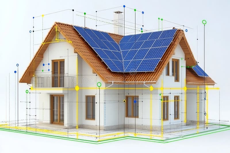 Modern House Design with Solar Panels, Architectural Blueprints ...
