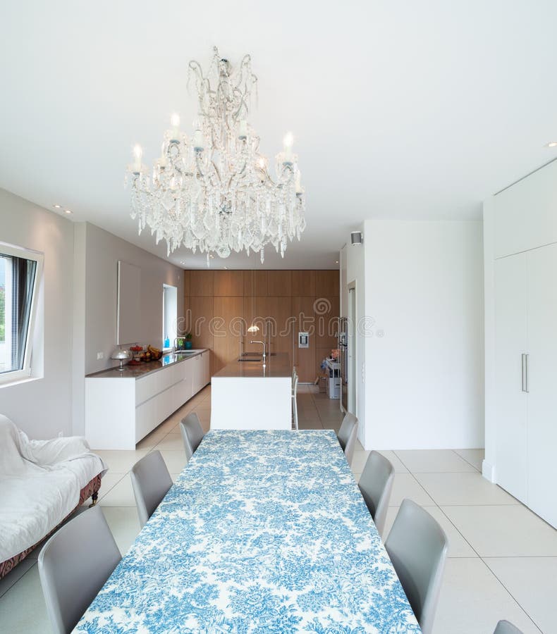 Modern house, dining room stock photo. Image of chairs - 89806182