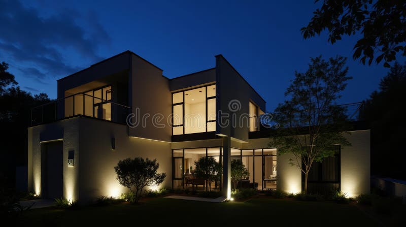 Modern House Dramatically Lit at Night Stock Photo - Image of ...