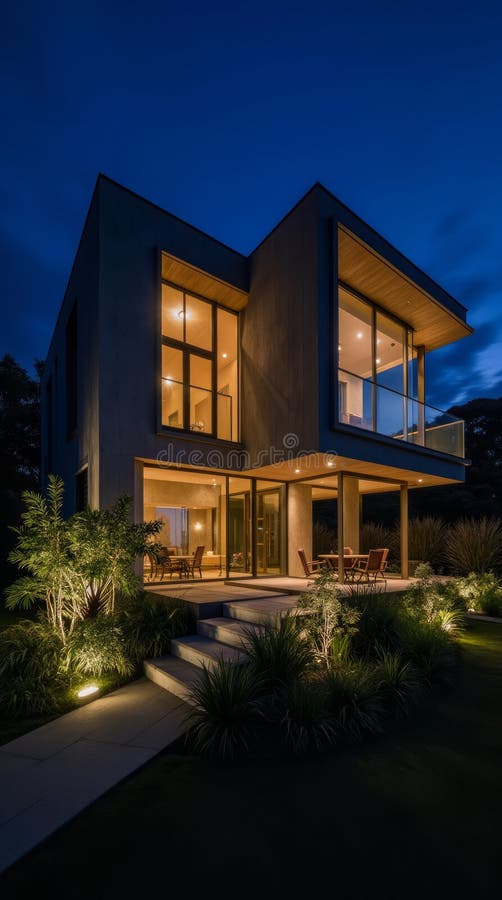 Modern House Dramatically Lit at Night Stock Image - Image of modern ...
