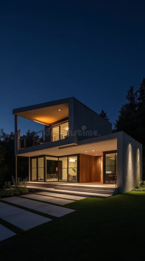 Modern House Dramatically Lit at Night Stock Photo - Image of moody ...