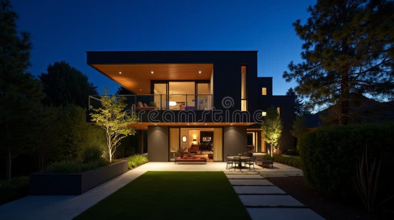 Modern House Dramatically Lit at Night Stock Image - Image of bold ...