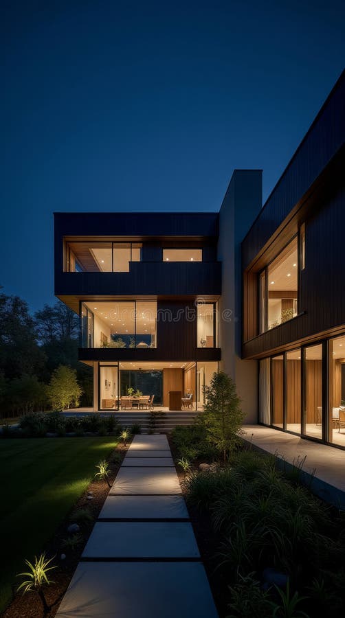 Modern House Dramatically Lit at Night Stock Photo - Image of elegance ...
