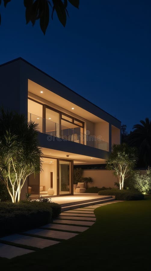 Modern House Dramatically Lit at Night Stock Photo - Image of ambiance ...