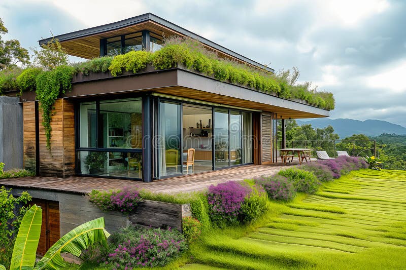 Modern House in Eco-friendly Style with Green Trees Stock Illustration ...