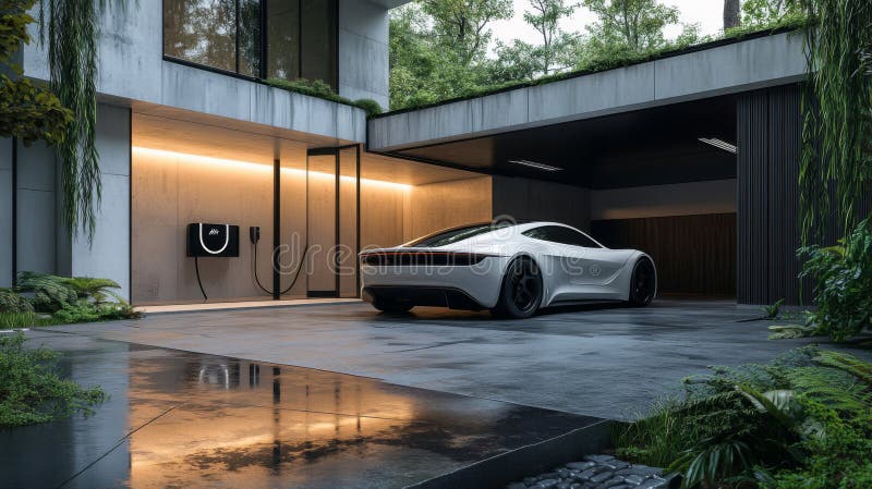 Modern House with Electric Vehicle Charging Station Stock Illustration ...
