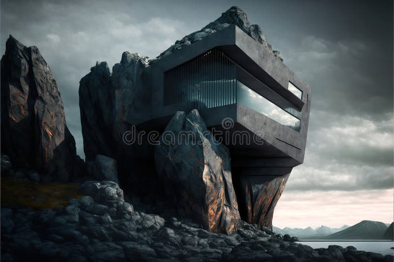 Modern House Embedded in Rocky Mountain Landscape with Dramatic Sky ...