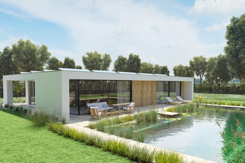 Modern House with Environmental Pool. 3d Rendering Stock Photo - Image ...