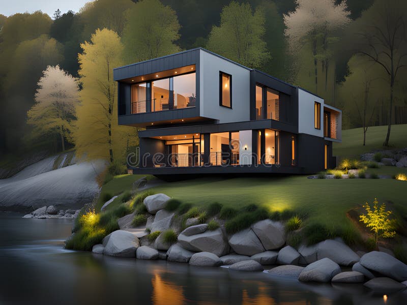 Modern House in the Evening, Ai Generated Stock Illustration ...