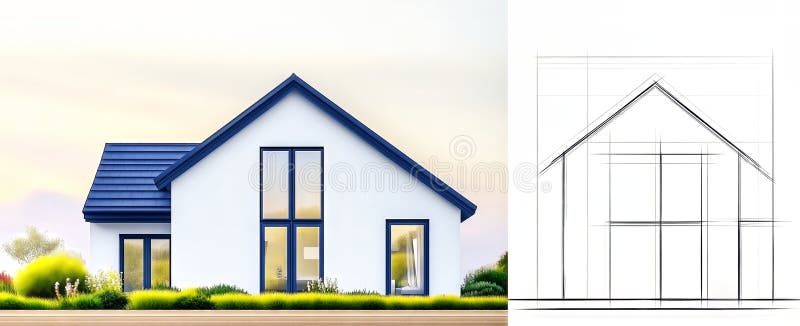 Modern House Exterior with Architectural Drawing, Visualization and ...