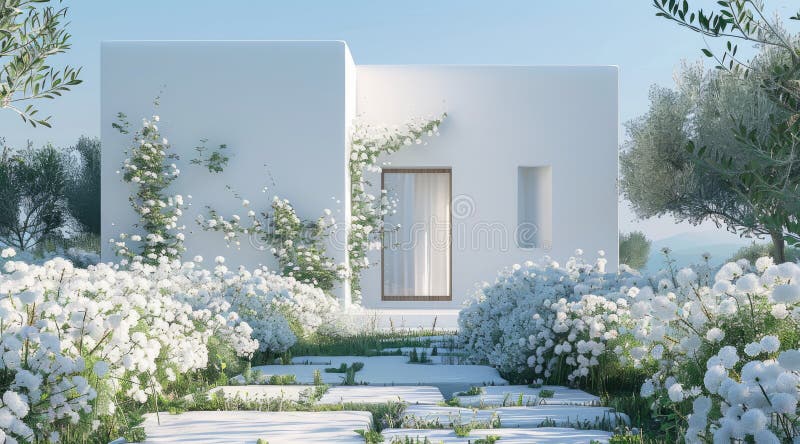 Modern House Exterior with Blooming Trees Stock Illustration ...