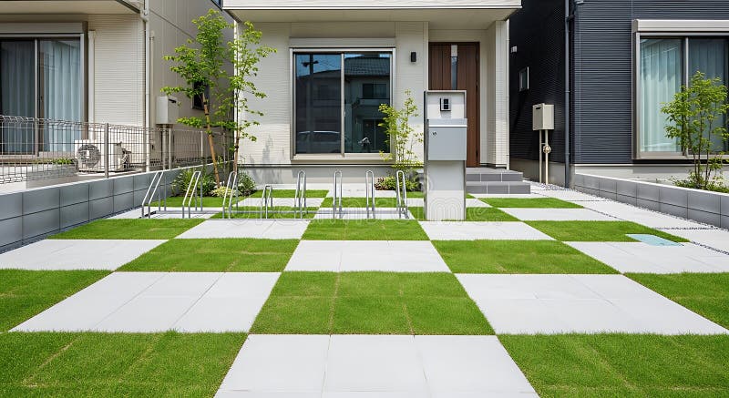 Modern House Exterior with a Checkerboard Pattern of Grass and Concrete ...
