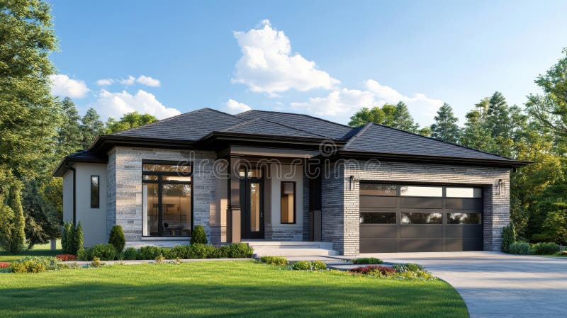 Modern House Exterior with Clear Sky 3D Render Stock Illustration ...