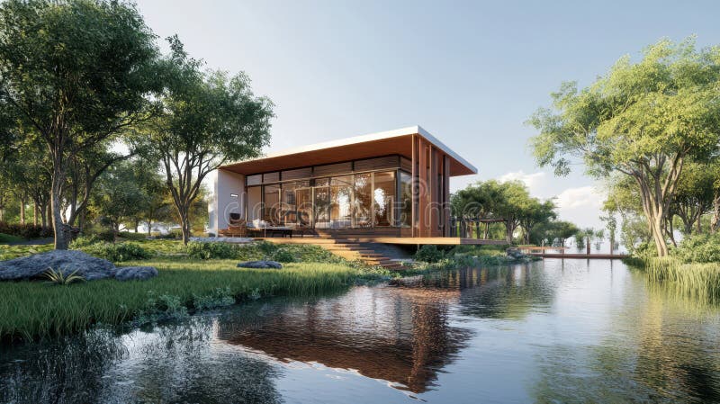 Modern House Exterior with Clear Sky 3D Render Stock Illustration ...