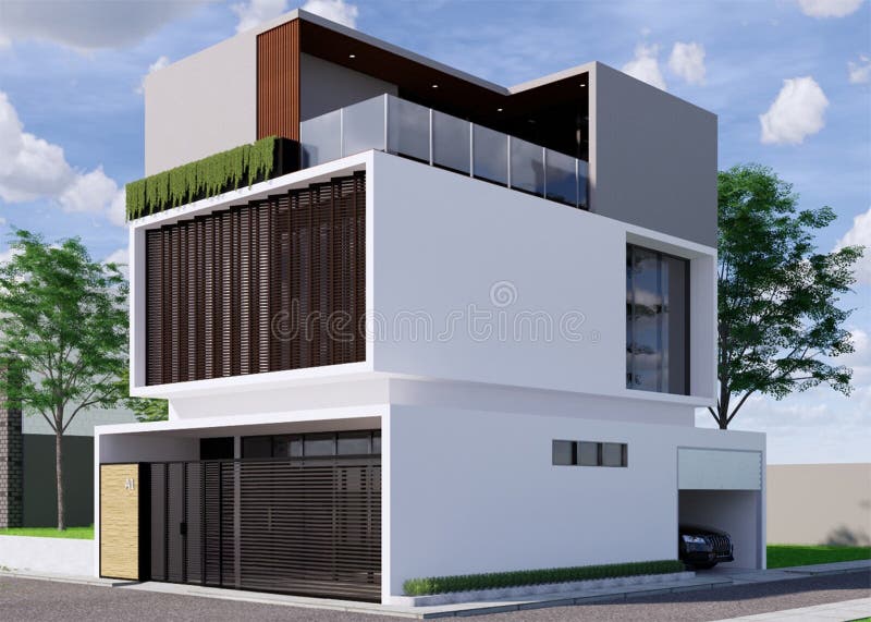 Modern House Exterior Design, 3D Rendering Stock Illustration ...