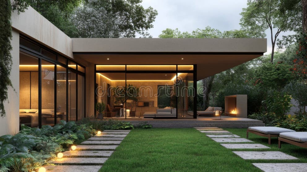 Modern House Exterior Design at Night Stock Illustration - Illustration ...