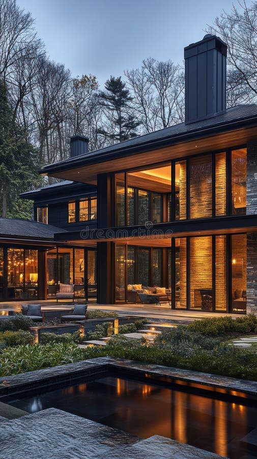 Modern House Exterior at Dusk with Illuminated Windows, Patio, and ...