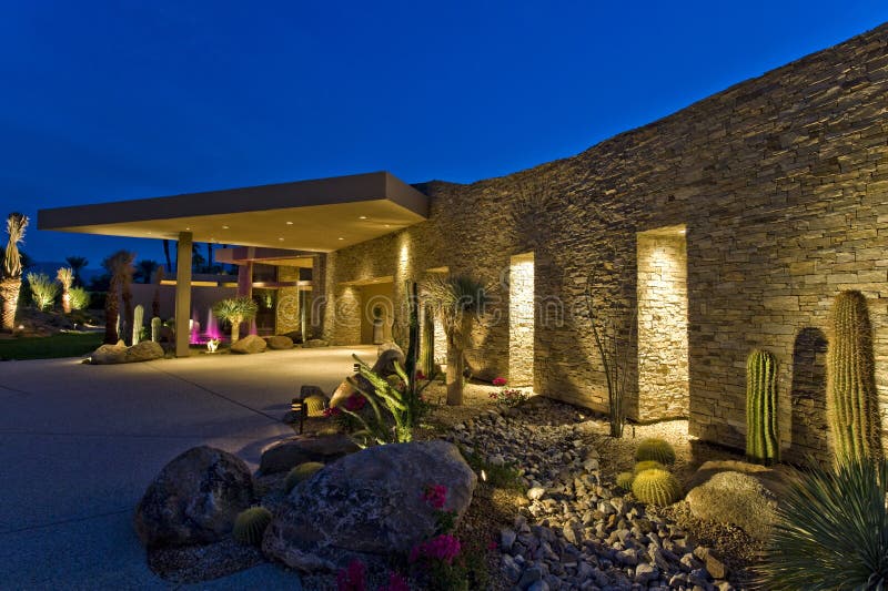Modern House Exterior at Dusk Stock Photo - Image of cactus, dwelling ...