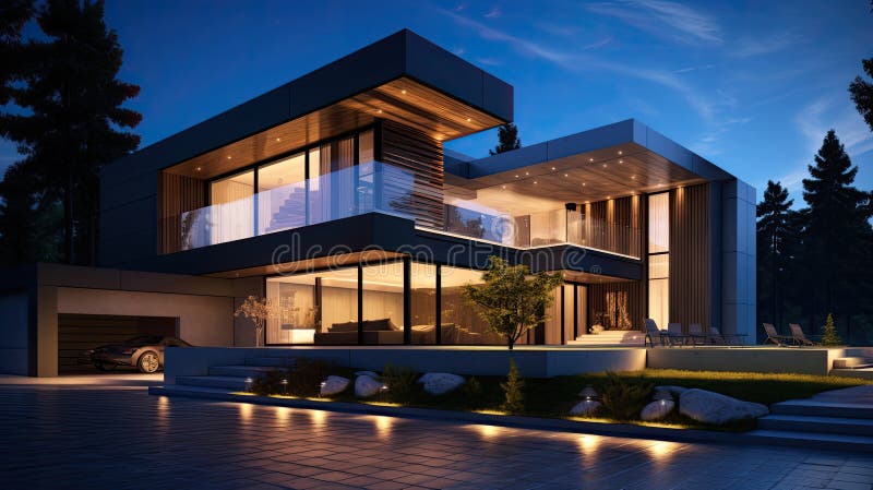 Modern House Exterior Evening View with Interior Lighting Stock ...