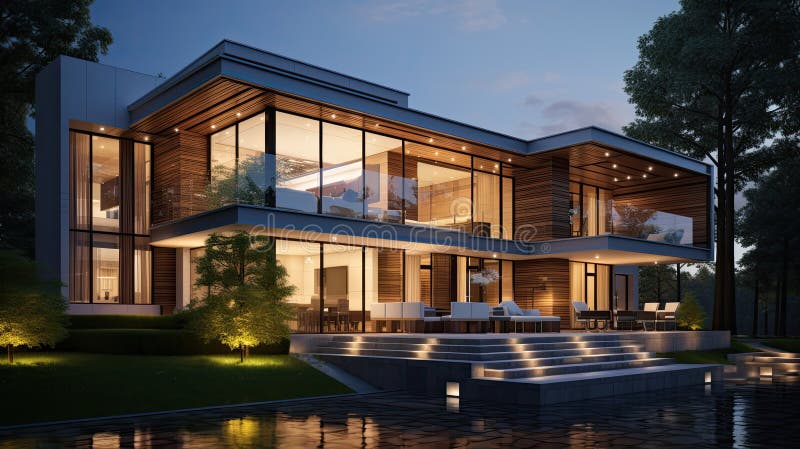 Modern House Exterior Evening View with Interior Lighting Stock ...