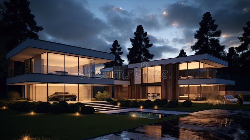 Modern House Exterior Evening View with Interior Lighting Stock ...