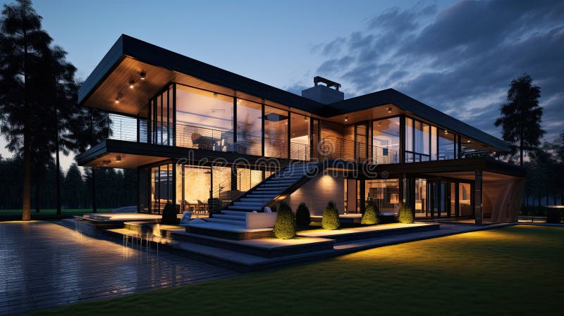 Modern House Exterior Evening View with Interior Lighting Stock ...