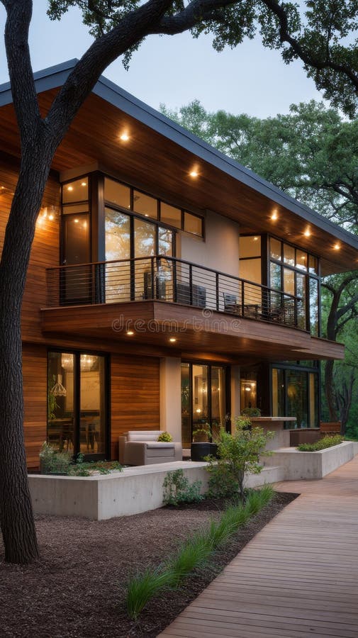 Modern House Exterior Facade with Wooden Deck and Balcony at Dusk Stock ...