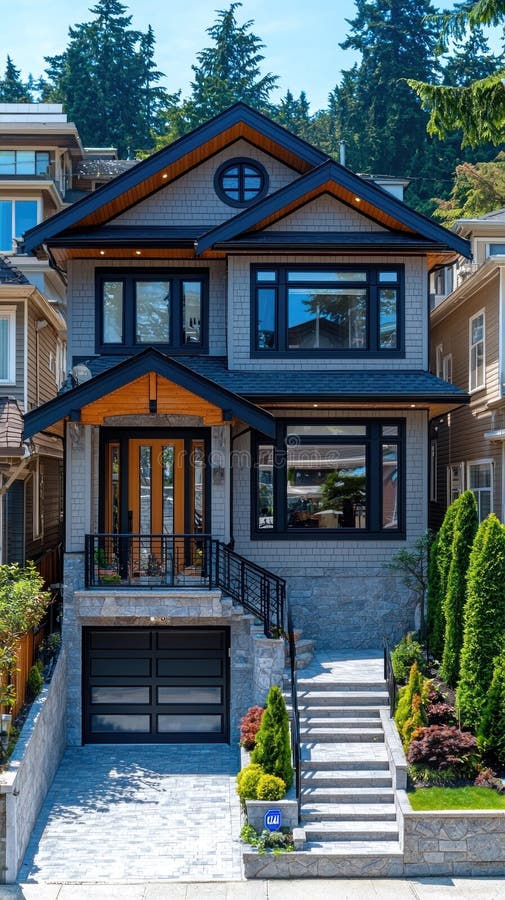 Modern House Exterior with Landscaping, Driveway, and Forest Backdrop ...