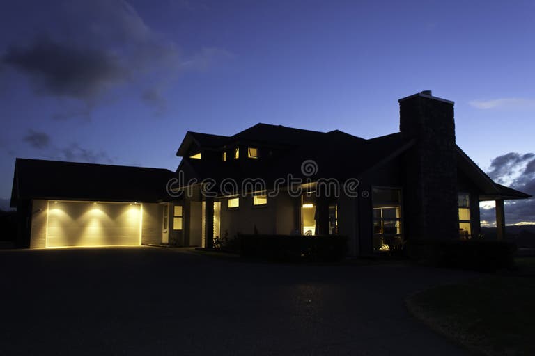 Modern House Exterior with Lighting at Night Stock Photo - Image of ...
