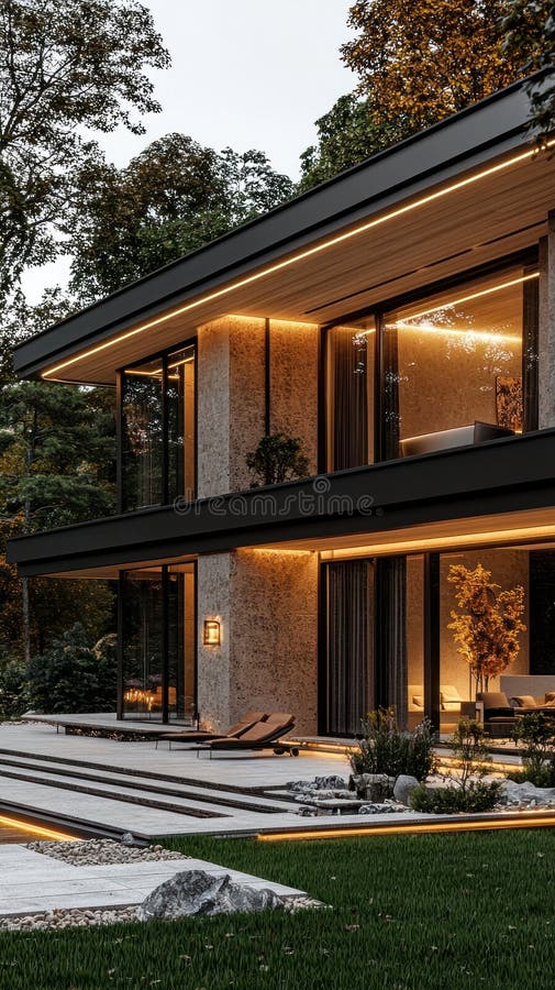 Modern House Exterior with Pool, Forest View, Evening Ambiance Stock ...