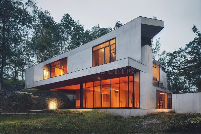 Modern House Exterior with Square Architecture and Lawn in Front of ...