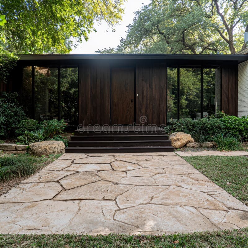 Modern House Exterior with Stone Pathway and Dark Wood Siding Stock ...
