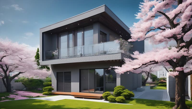 Modern House Exterior Surrounded by Sakura Trees, Generative Ai Stock ...