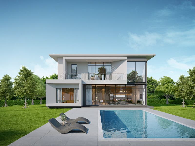 Modern House Exterior with Swimming Pool and Deck Stock Illustration ...