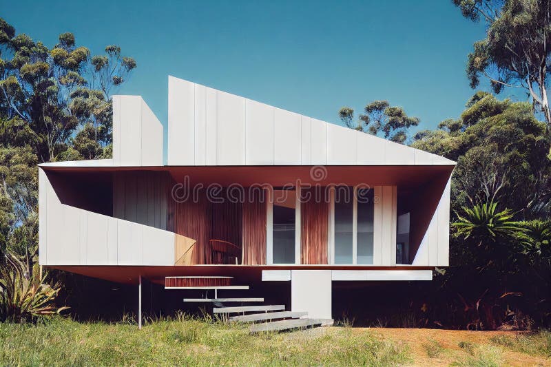 Modern House Exterior with Triangular Roof and Large Garden. Stock ...