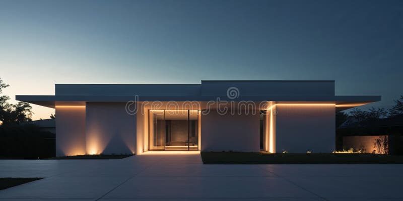 Modern House Exterior at Twilight Showcasing Clean Lines and Warm ...