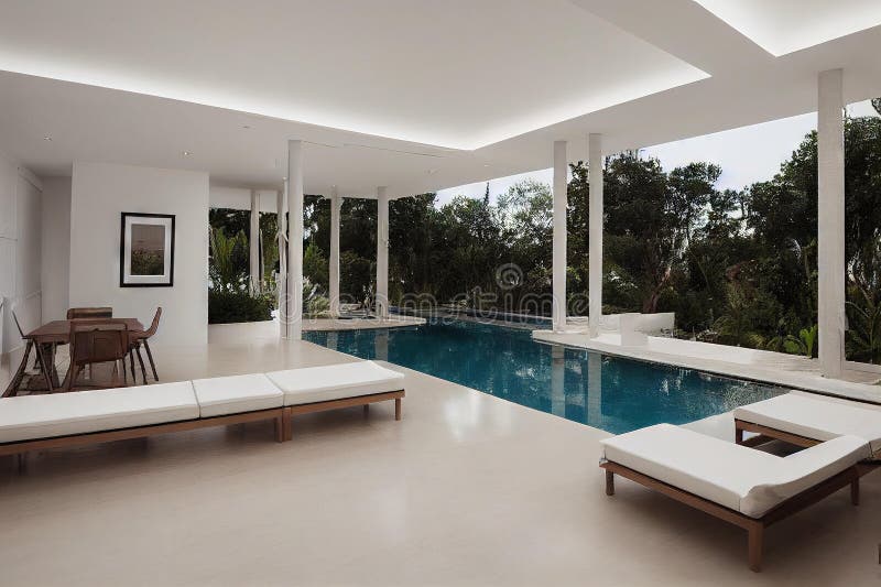 Modern House Exterior in White with Swimming Pool in Courtyard. Stock ...