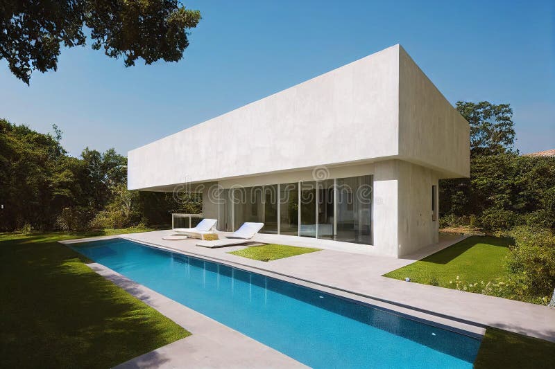 Modern House Exterior in White with Swimming Pool in Courtyard. Stock ...