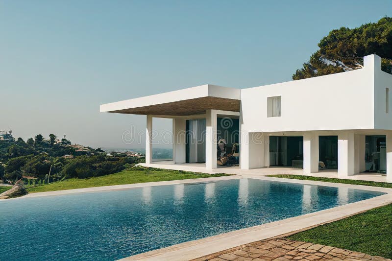 Modern House Exterior in White with Swimming Pool in Courtyard. Stock ...