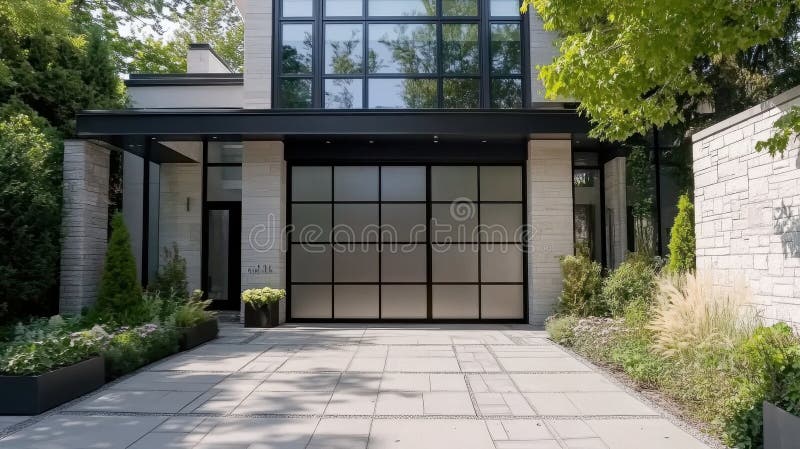 Modern House Facade with Large Windows and Landscaped Entrance Stock ...
