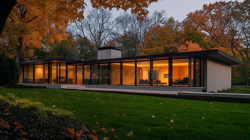 Modern House in the Fall with Warm Glowing Lights Stock Illustration ...