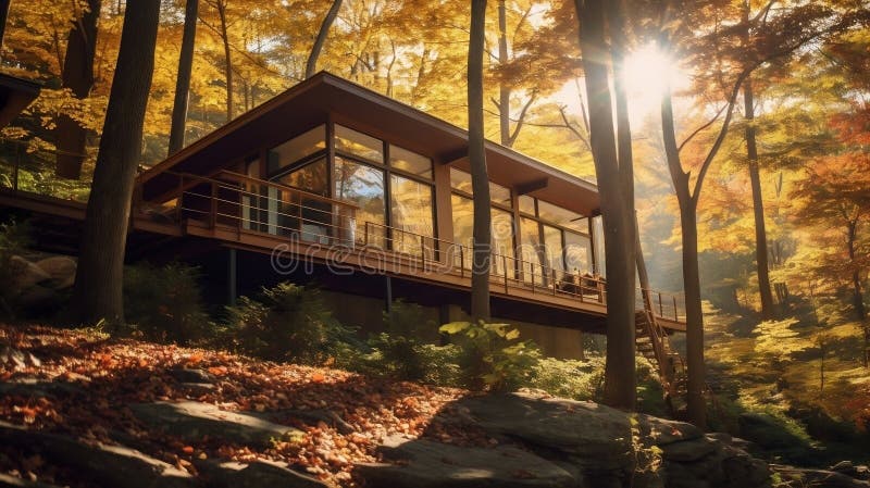Modern House in the Fall in the Woods Stock Illustration - Illustration ...