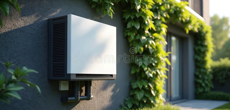 Modern House Features Air Source Heat Pump System, Green Leaves. Energy ...
