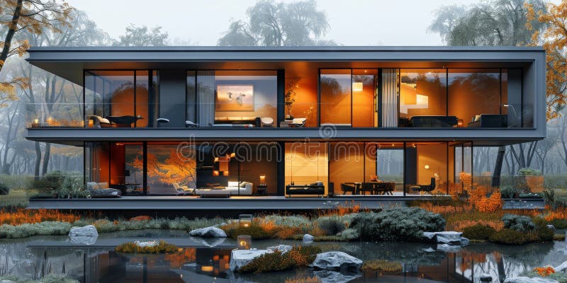 A Modern House Features Numerous Windows and a Pond in Front Stock ...