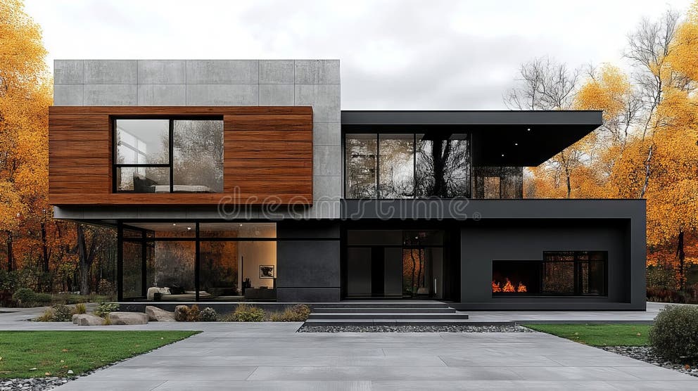 A Modern House with a Fire Place in the Middle of the Yard Stock ...
