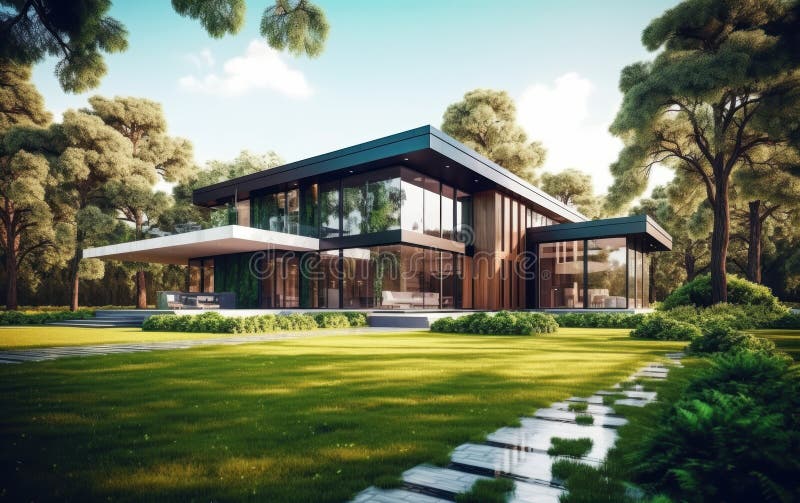 Modern House in a Forest. Created by Generative Artificial Intelligence ...