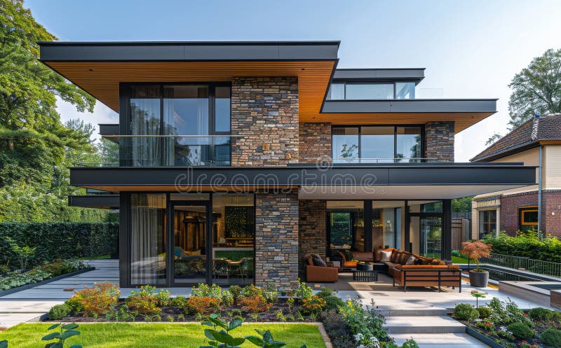 Modern House with Garden. Beautiful House with Large Windows Stock ...