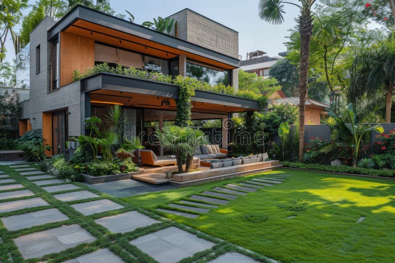 Modern House with Garden and Flowers Stock Photo - Image of ...